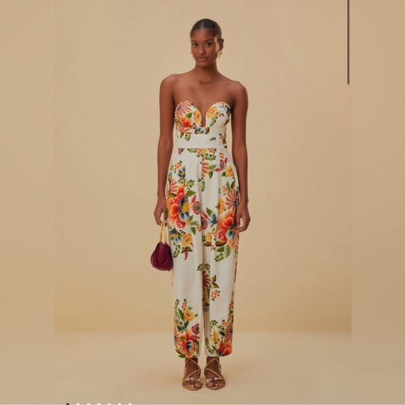FARM Rio | Pants & Jumpsuits | Farm Rio White Delicate Garden Strapless ...